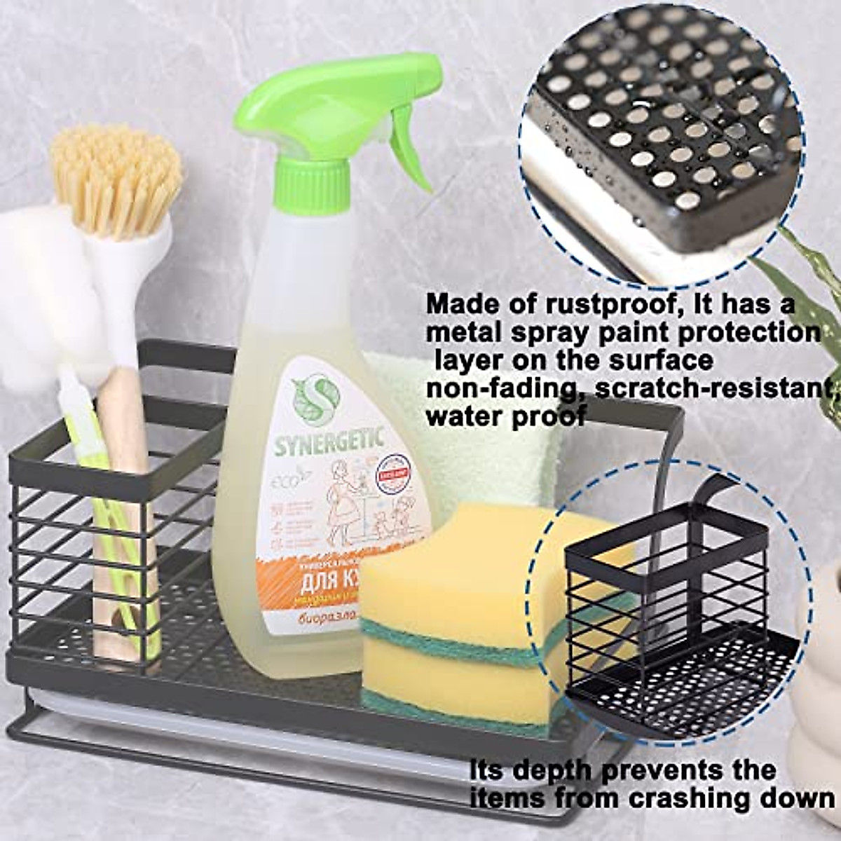 Homeve Kitchen Sink Caddy Organizer, Dishcloth Holder, Removable Drain Pan, Sponge, Brush Holder Rack, Bathroom Storage Organization on The countertop Stainless Steel Rustproo, Black-1 Pack