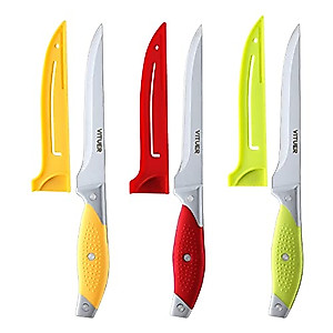 VITUER Boning Knife, 6PCS Fillet Knives (3PCS Filet Knife and 3PCS Knife Cover), 6 Inch Curved Boning Knife for Meat, Fish, Poultry, Cutting, Trimming, German Steel, PP Handle