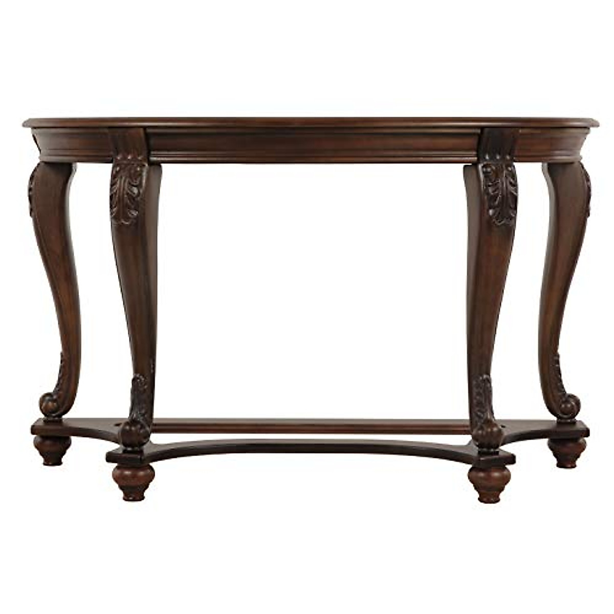 Signature Design by Ashley Norcastle Traditional Half Moon Sofa Table with Beveled Glass Top and Scrollwork Legs, Dark Brown