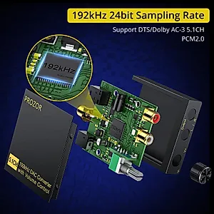 PROZOR DAC Converter 192Khz Digital to Analog Audio Decoder with Volume Control Support 5.1CH DTS Dolly-AC3 Coaxial SPDIF Toslink Optical to RCA Adapter for HDTV Blu-ray DVD PS3 Home Cinema System