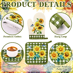 Leinuosen 6 Floral Plant Oven Mitts and Pot Holders Sets Farmhouse Kitchen Towels Absorbent Dish Towels for Cooking Baking Grilling(Yellow, Novelty Sunflower)