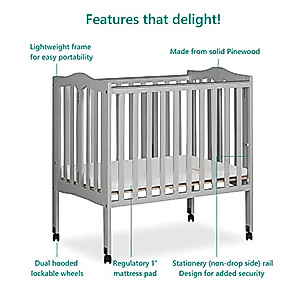 Dream On Me 2-in-1 Lightweight Folding Portable Stationary Side Crib in Pebble Grey, Greenguard Gold Certified, Baby Crib to Playpen, Folds Flat for Storage, Locking Wheels