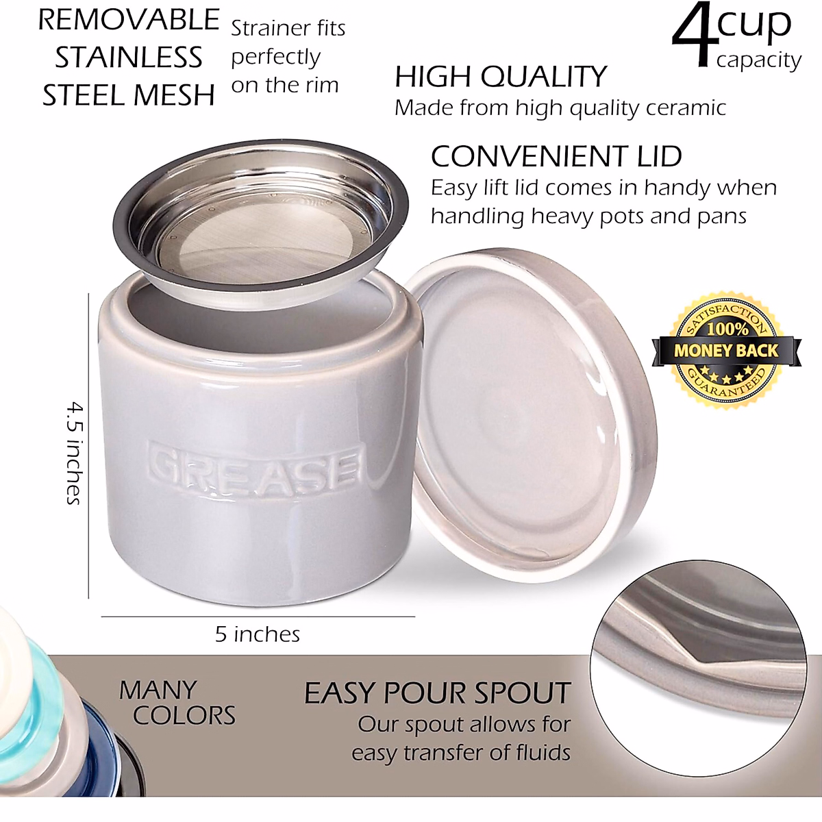 CYPRESS SUNRISE Bacon Grease Saver with Strainer - 32oz Ceramic Container for Kitchen Holds Bacon Fat Drippings Oil for Reuse - Keeper Can Hold Cooking Frying Oil - Dishwasher Safe