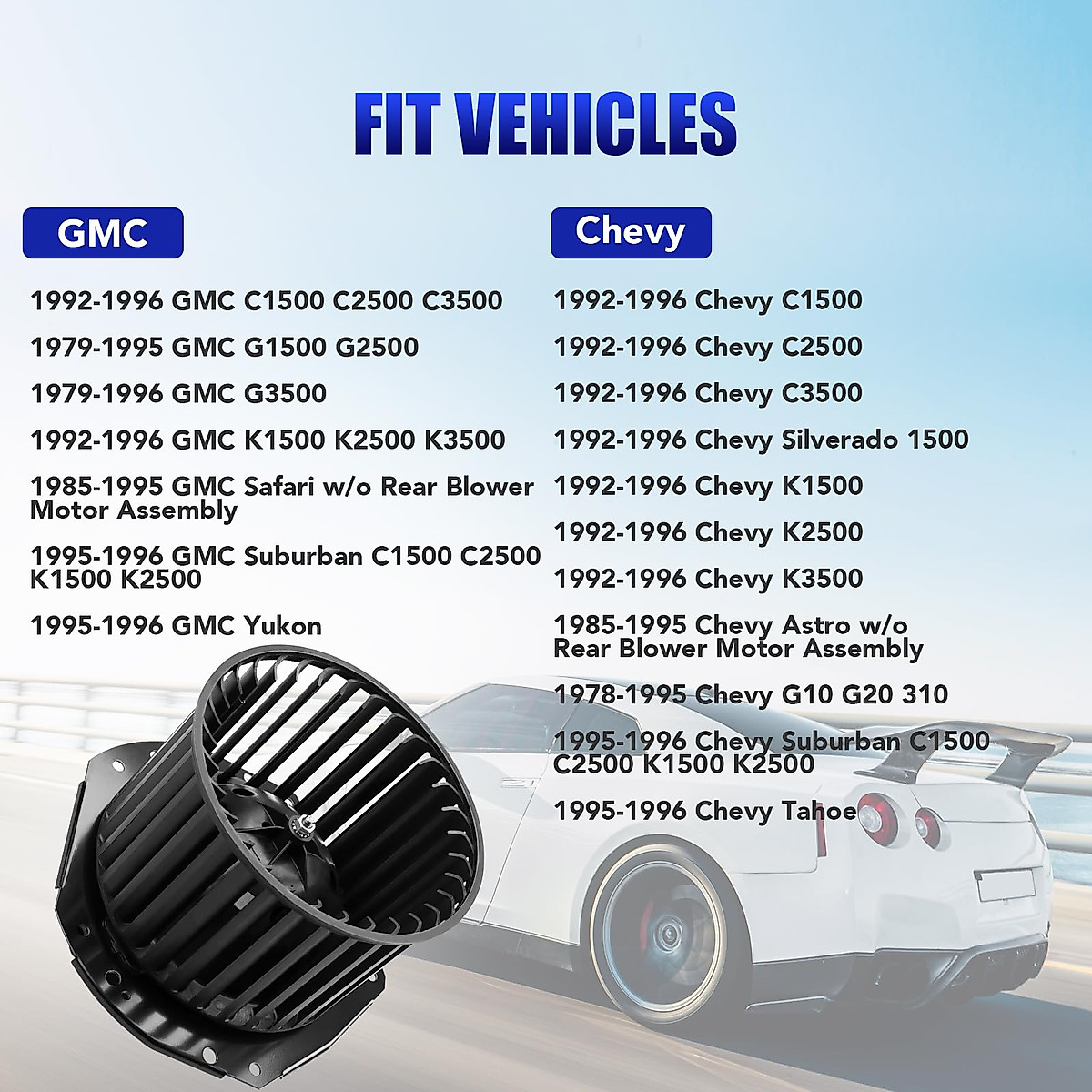 AC Blower Motor with Fan Fits for 1992 1993 1994 1995 1996 Chevy Silverado Suburban 1500 2500 Tahoe GMC Sierra Yukon C1500 C2500 K1500 K2500 G20 HVAC Heater Blower Motor Replaces# 700103