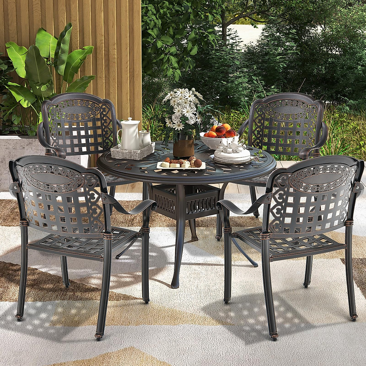 Tangkula Set of 2 Cast Aluminum Patio Dining Chairs, Stackable Outdoor Dining Chairs with Armrests, Outdoor Bistro Chairs for Balcony, Backyard, Garden