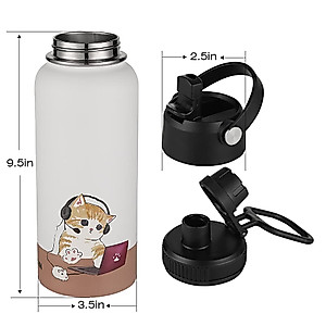 Funkrin Insulated Water Bottle with Straw Lid & Spout Lid, 32oz Personalized Vacuum Stainless Steel Travel Mug, Leak Proof Double Walled Thermos for Hot & Cold Beverages