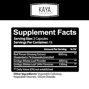 Kaya Naturals Red Panax Ginseng + Ginkgo Biloba | Nootropic Brain Supplement | Cognitive and Concentration Support | Brain Booster, Focus, and Memory Supplement | 30 Capsules