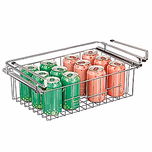 mDesign Large Metal Wire Hanging Pullout Drawer Basket - Sliding Under Shelf Storage Organizer - Attaches to Shelving - Easy Install - Chrome