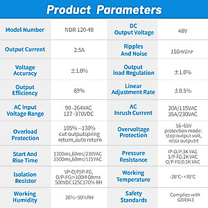 48V Power Supply NDR120-48;Input 100-240VAC;Output:48V 2.5A;110V 120V 220V Both;Din Rail