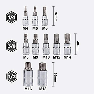Qnkaa XZN Triple Square Spline Bit Socket Set 10pcs Silver M4 - M18, Premium S2 Alloy Steel, 1/4” 3/8” 1/2” Drive