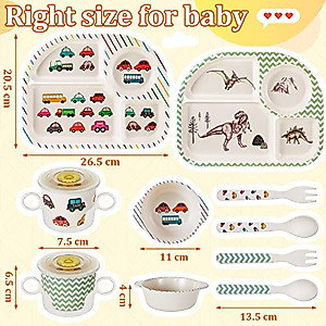Roshtia 10 Pcs Cartoon Bamboo Kids Dinnerware Set Dinosaur Car Plate and Bowl Set Dishwasher Safe Kids Dish Set Toddler Plates and Utensils Set Car Dinosaur Forks and Spoons for Kids with Cup