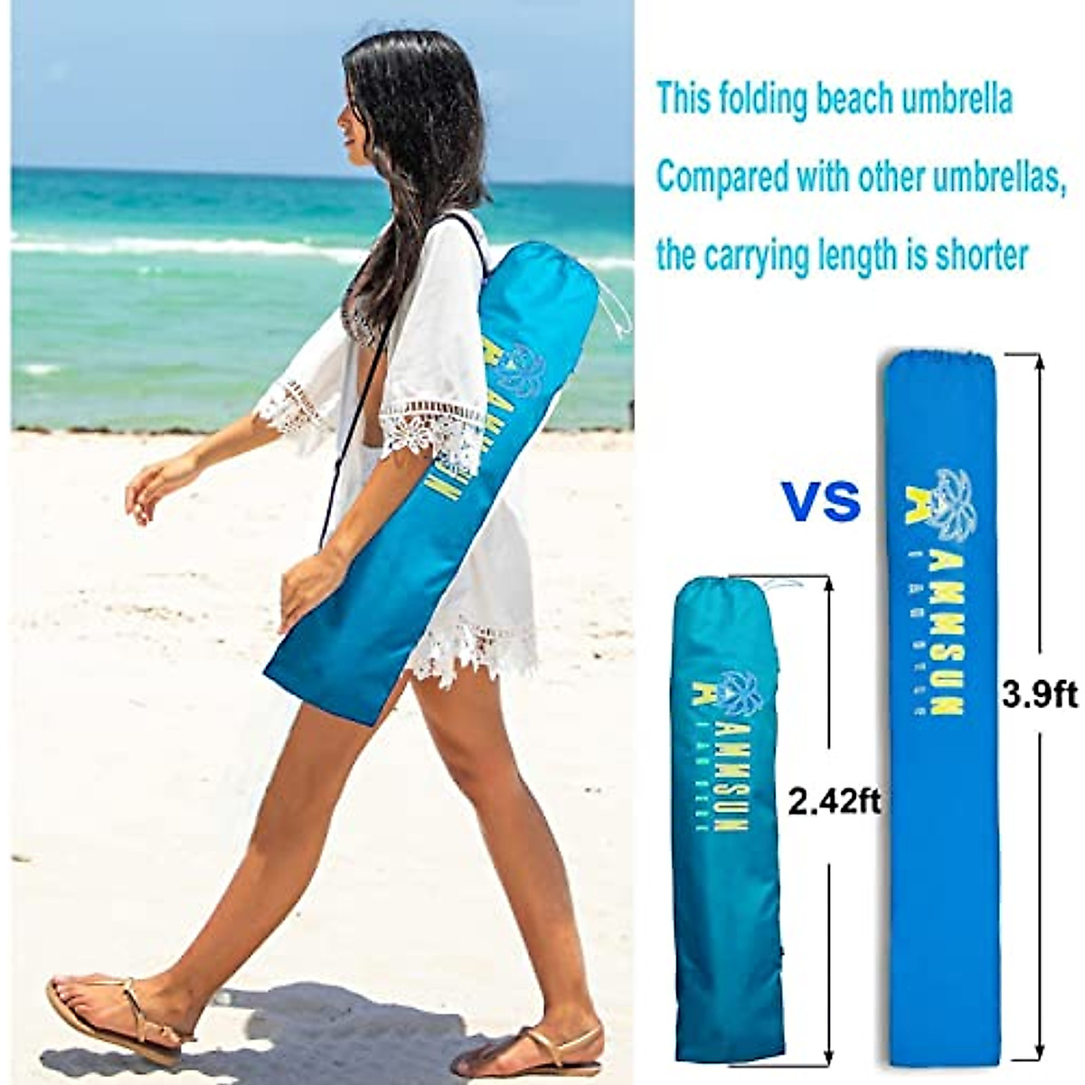 AMMSUN 6.5ft twice folded compact Portable beach umbrella with sand anchor windproof, Push Button Tilt Air vent UV 50+ Protection Fits in a large Suitcase for travel Patio Garden Pool Backyard Sky Blue