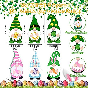 3 Pcs St Patrick's Day Table Wooden Gnome Sign, Reversible Easter Tiered Tray Decor, Self Standing Blocks Green Shamrock Horseshoe Rabbit Carrot Egg Sign for Home Party Decoration