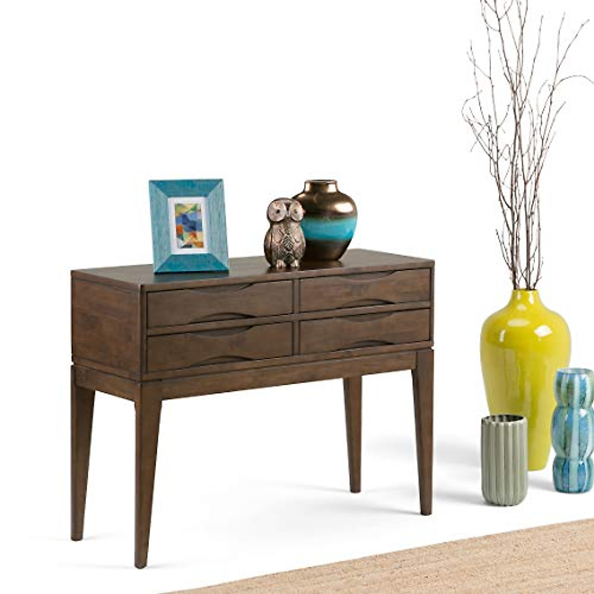 SIMPLIHOME Harper SOLID WOOD 40 inch Wide Mid Century Modern Hallway Console Sofa Entryway Table in Walnut Brown with Storage, 4 Drawers , for the Living Room, Entryway and Bedroom