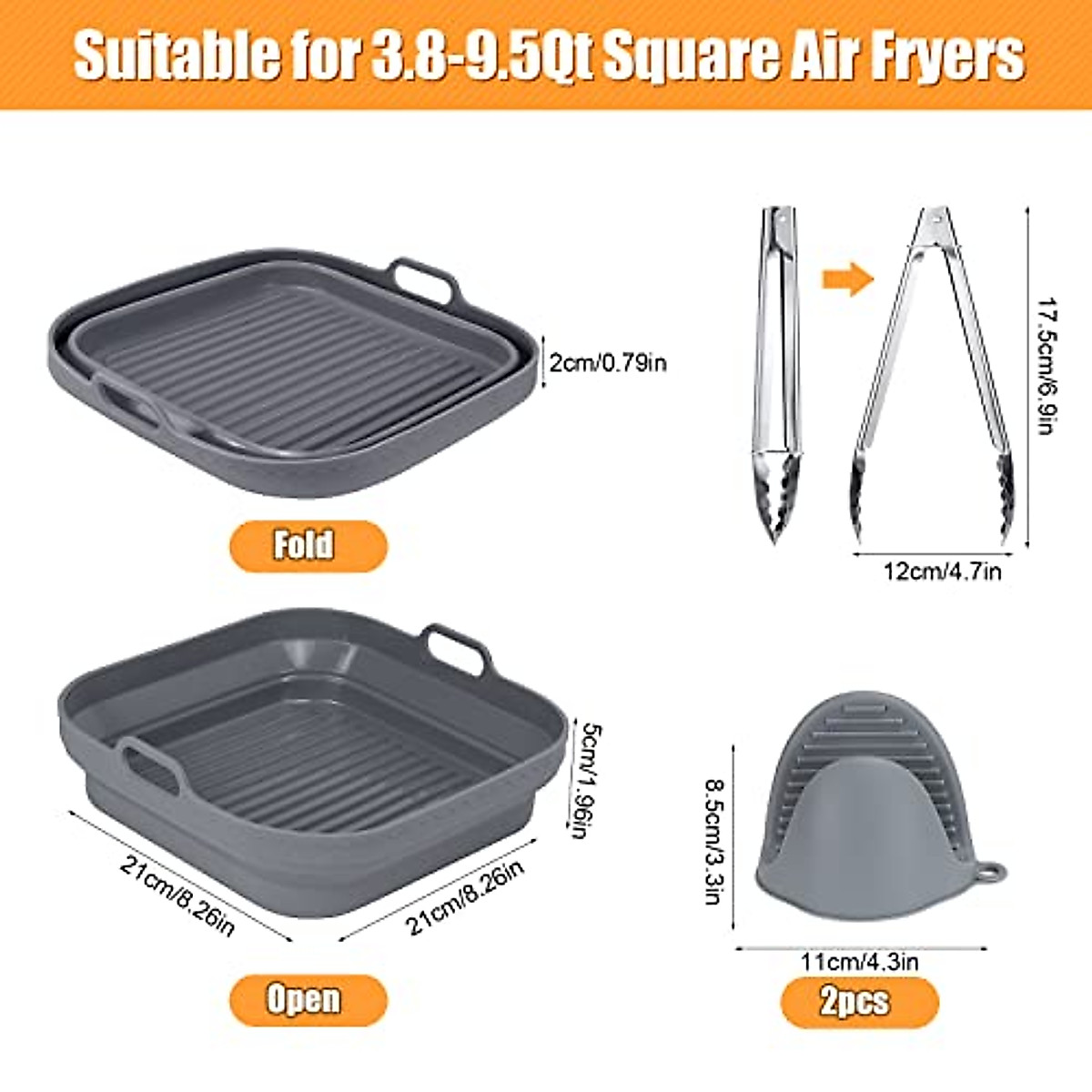 SelfTek 2Set Air Fryer Silicone Liners Pot Square, Reusable Air Fryer Basket Fit for 8QT 6QT, Foldable Baking Tray with Oven Mitts & Serving Tongs (3.8-9.5Qt)