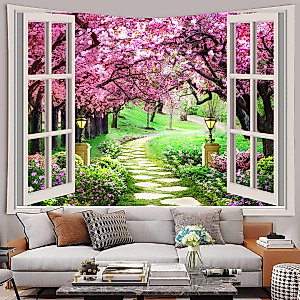 Japanese Cherry Blossom Window Tapestry Tree Forest Path Pink Flowers Window Tapestry Botanical Floral Natural Landscape Aesthetic Tapestry for Living Room Bedroom Nursery Home Decor 60x40Inches
