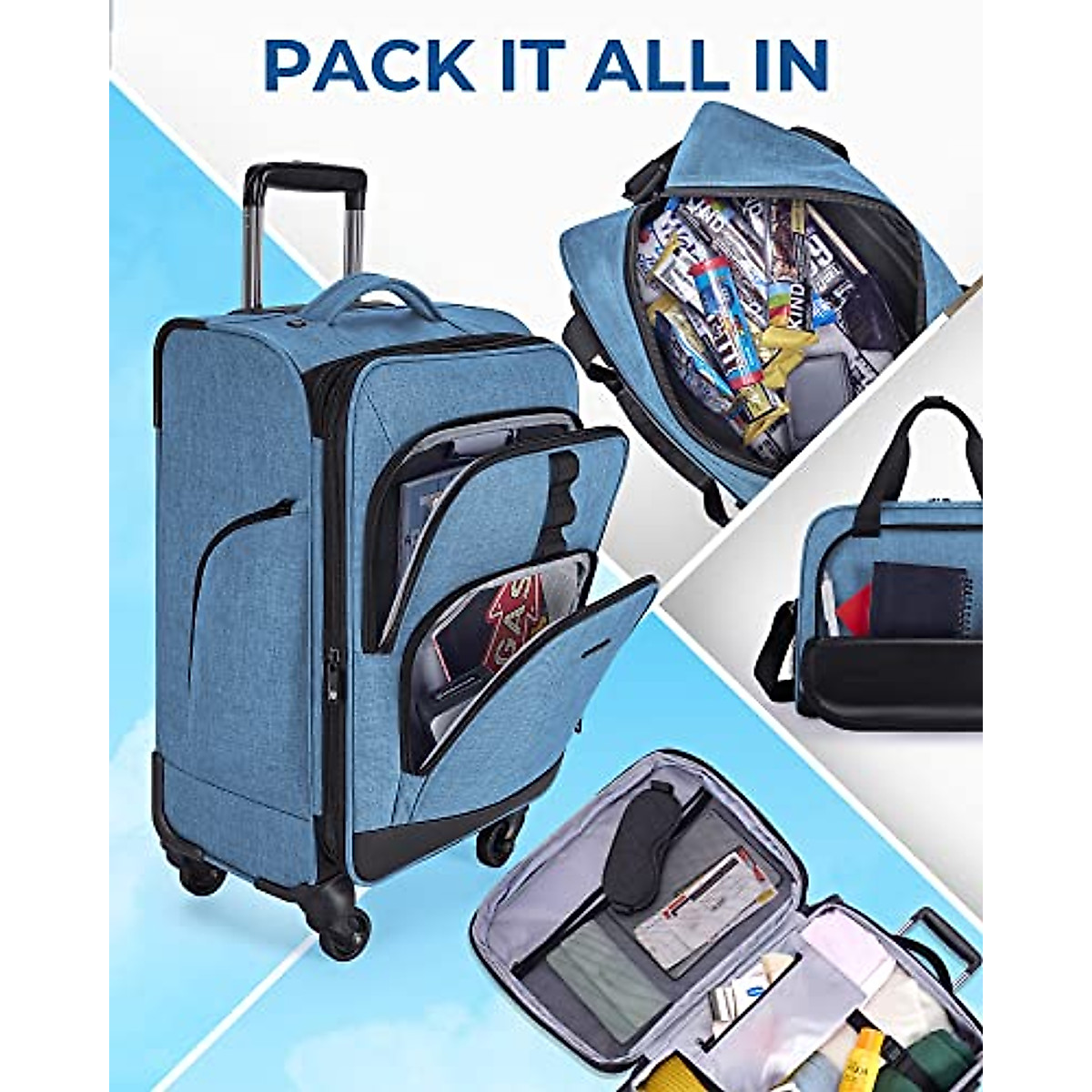 BAGSMART Underseat Carry On luggage Airline approved, 16-inch Softside Underseater Travel Suitcase with Spinner Wheels (03-Blue, Carry-on 20 Inch)