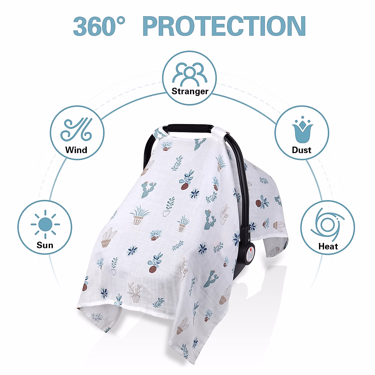 Muslin Carseat Cover for Boys Girls, Breathable Infant Car Seat Canopy, Lightweight Baby Carrier Cover, Newborn Shower Gift, Fit Spring Summer/Hot Days/Warm Weather, Cactus
