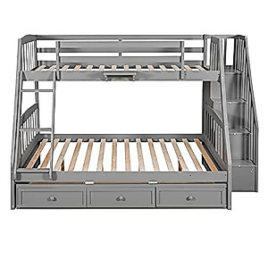 BIADNBZ Twin Over Full Bunk Bed with Stairs, Storage Drawers and Ladder, Wooden Detachable Bunkbed Convertible into 2Beds for Kids Teens Adults Bedroom, Gray