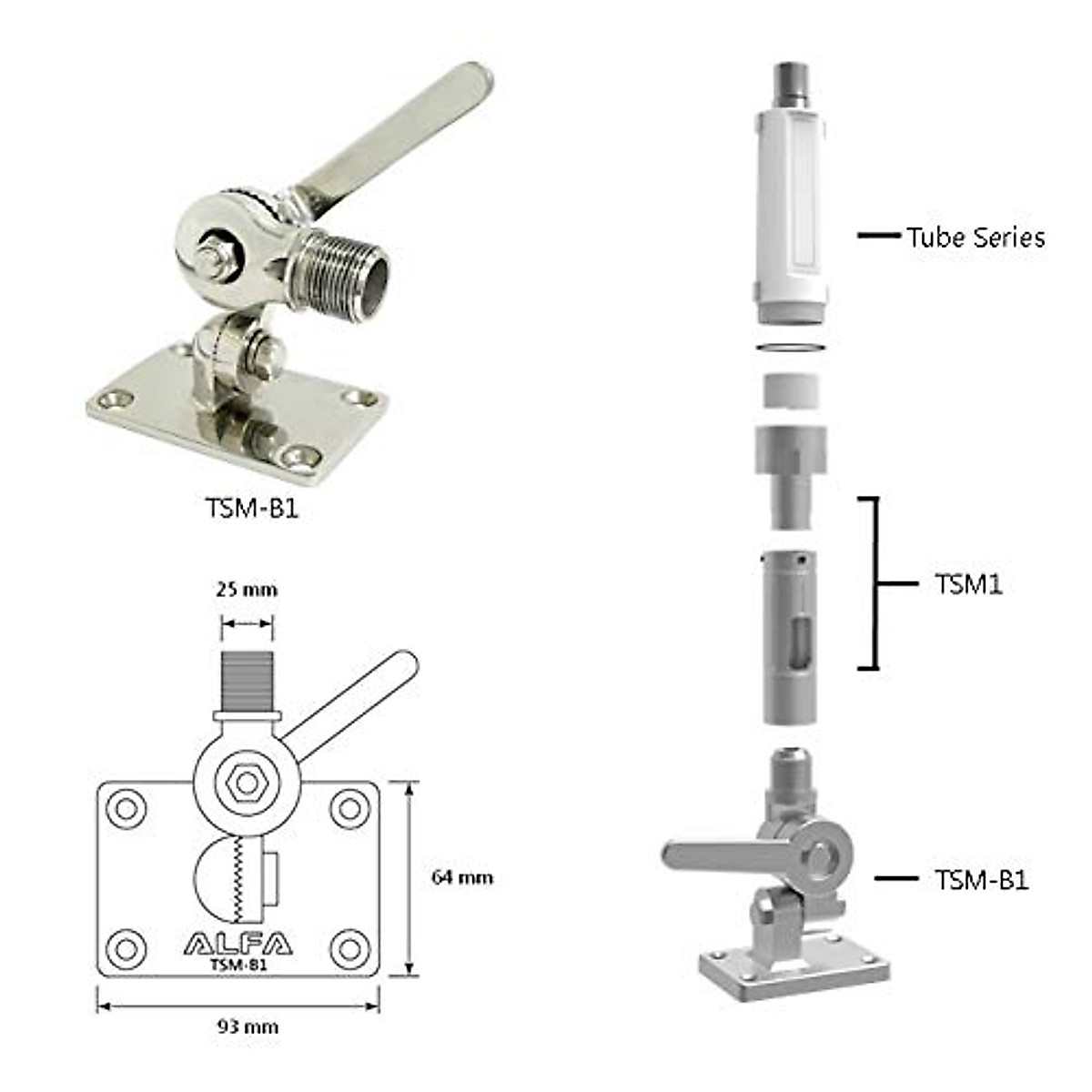 Alfa TSM-B1 Stainless Marine VHF Antenna 316 Stainless Steel Adjustable Base Mount for Boats 1"-14 inch Thread