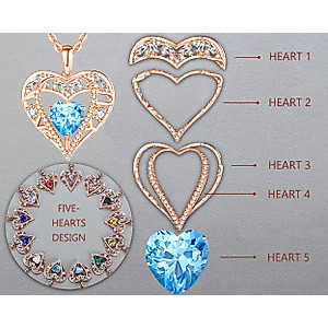 GEMMANCE 5 Heart Crystal Pendant Necklace - 925 Sterling Silver Chain - 18K Rose Gold Plated - Aqua Blue - 18”+2” Birthstone Jewelry for Women - Gifts for Birthday, Christmas