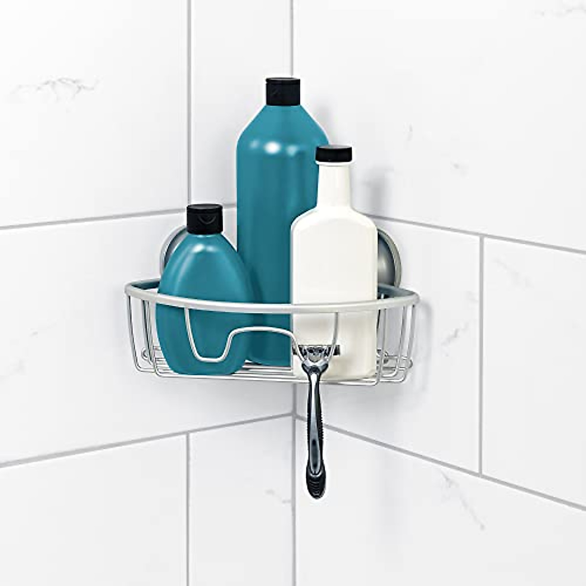 Zenna Home NeverRust PowerGrip Aluminum Suction Corner Basket shower caddy, 1-Shelf