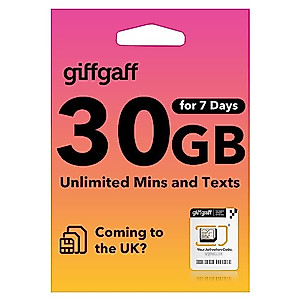 Giffgaff UK Prepaid SIM Card for 7 Days with 30GB Data + Unlimited Mins and Texts, Used in The United Kingdom, England, Scotland, Wales, Northern Ireland, London