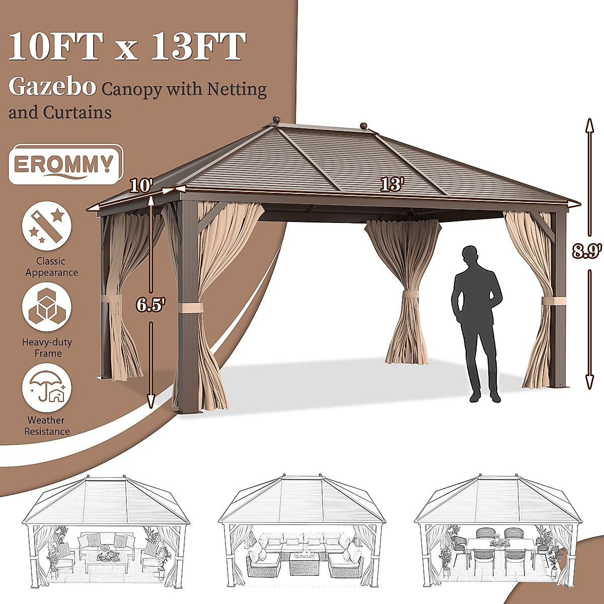 EROMMY 10'x13' Hardtop Gazebo Galvanized Steel Outdoor Aluminum Single Roof Canopy with Netting and Shaded Curtains Permanent Metal Pavilion for Patio, Backyard and Deck