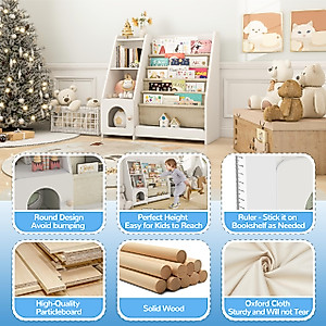 FKWin Kids Bookshelf, Kids Toy Storage Organizer, Baby Storage Book Rack, 4 Tier Kids Wooden Bookshelves, 5 Layer Sling Bookcase for Playroom, Bedroom, Living Room, Kids Room, Nursery, School(White)