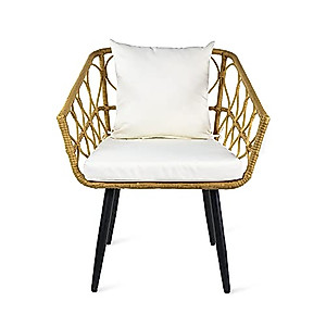 Amazon Basics Outdoor All-Weather Woven Faux Rattan Chair Set with Cushions and Side Table, Tan - 3-Piece Set