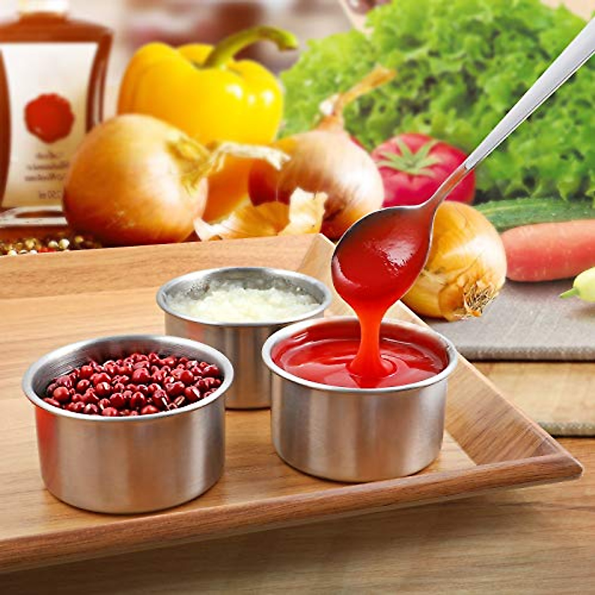 SUKKI Stainless Steel Condiment Containers - 3 x 3.4oz Salad Dressing Containers with Food Grade and Leakproof Silicone Lids - for Snacks, Desserts, Souffle, Baby Food