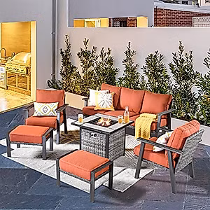 ovios Patio Furniture Set 6 PCS All Weather Outdoor Wicker Rattan Sofa Set with Fire Pit Table Ottomans High Back Sofa Thick Cushion Garden Backyard Porch (Orange Red)