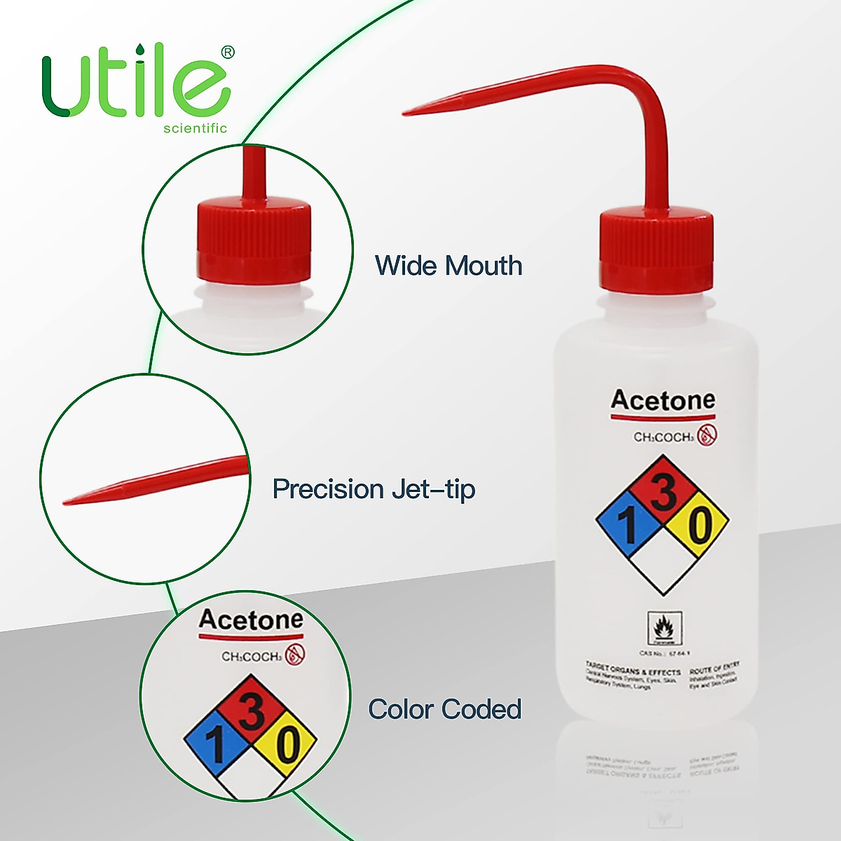 Utile 4pcs of Vol. 17oz (500ml) Acetone Wash Bottles, Narrow Mouth, Self-Venting Safety Squeeze Bottle, LDPE Material with PP Material Closure, 5511.0171.4