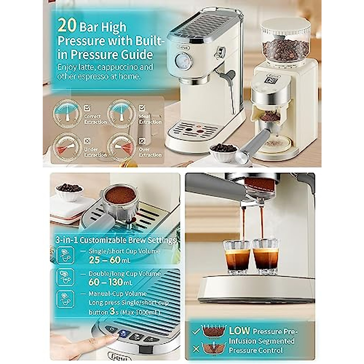 Gevi 20 Bar Professional Espresso Coffee Machine with Milk Frother/Steam Wand for Espresso, Latte and Cappuccino, with 35 Precise Grind Settings Burr Coffee Grinder