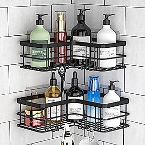 Yazoni Corner Shower Caddy, Adhesive Shower Shelves No Drilling [2-Pack], Rustproof Stainless Steel Bathroom Shower Organizer Wall Mounted with 8 Hooks and 6 Adhesives (Black)