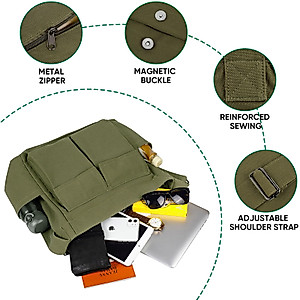 Canvas Messenger Bag, Multi-pockets Casual Canvas Tote for College Large Crossbody Shoulder Bag for Women and Men, Army Green
