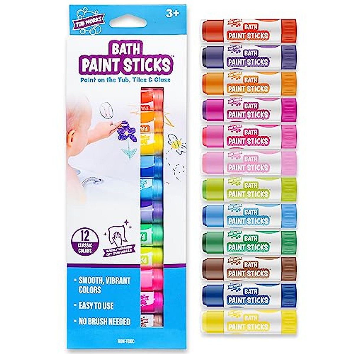 Tub Works™ Bath Paint Sticks™ Bath Toy, 12 Count | Nontoxic, Washable Bathtub Paint for Kids & Toddlers | Twistable Sticks Draw Smoothly on Tub Walls | Smooth, Vibrant Alternative to Bath Crayons