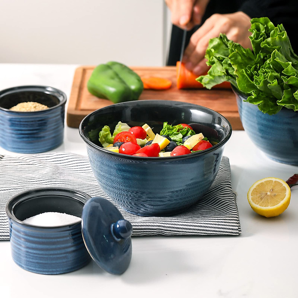 Hasense Ceramic Soup Bowls Set of 4, 40 Ounce Large Cereal Bowls for Kitchen, Deep Serving Bowls for Salad Pasta Ramen Pho Popcorn, Dishwasher Microwave Safe, Navy Blue