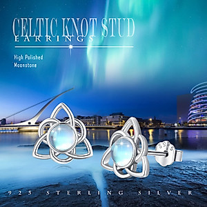 Moonstone Earrings for Women Celtic Knot Stud Sterling Silver Hypoallergenic Piercing Tiny Earring Rainbow Trinity Good Luck Irish Jewelry Xmas Gifts for Mother