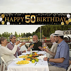 50th Birthday Decorations Yard Banner, Black Gold Happy 50th Birthday Decorations for Men Women, 50 Years Old Birthday Party Backdrop, 60 Birthday Sign for Outdoor Indoor, Fabric Vicycaty