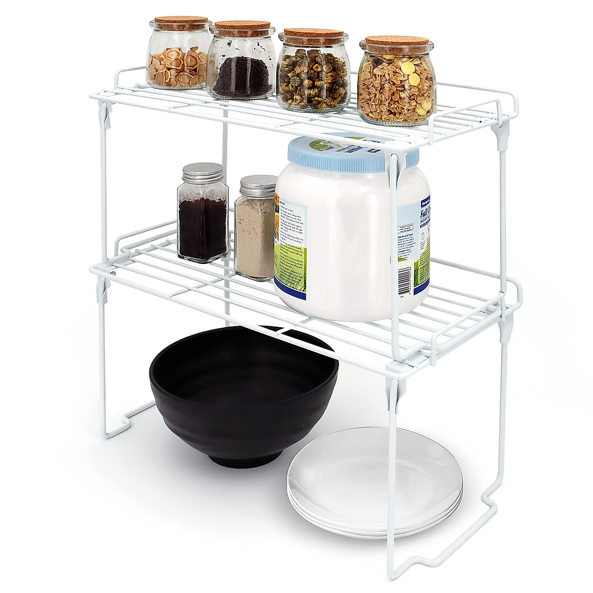 iPEGTOP Stackable Cabinet Shelf Organizers, Set of 2 Kitchen Countertop Cupboard Storage Rack, Pantry Stand Shelves Space Saving for Kitchen, Bedroom, Bathroom, White