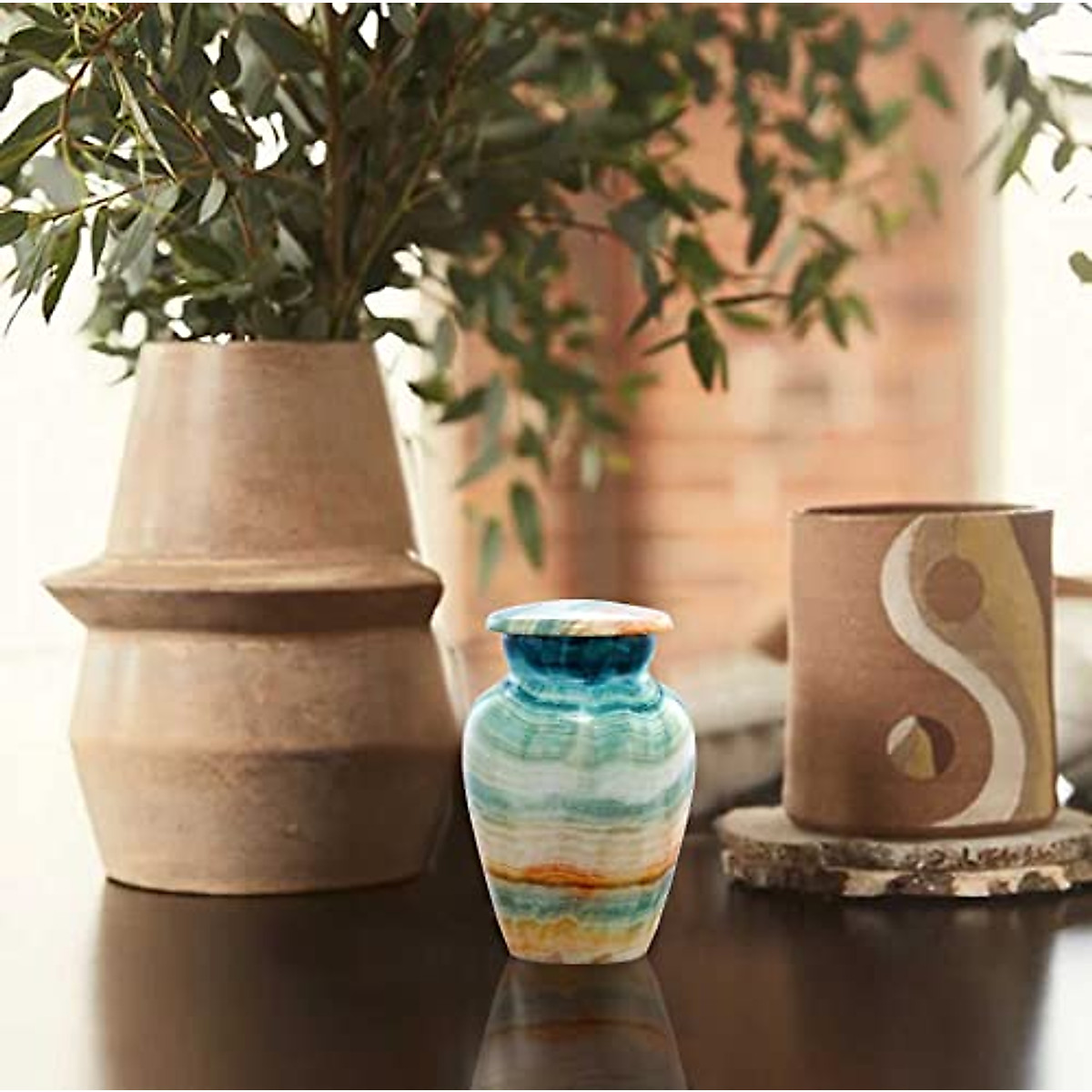 Keepsake Urn | Marble Finish Keepsake Cremation Urn for Ashes | Metal Sharing Urn for Human or Pets Ashes | Mini Memorial Urn with Velvet Bag (Blue Marsh)