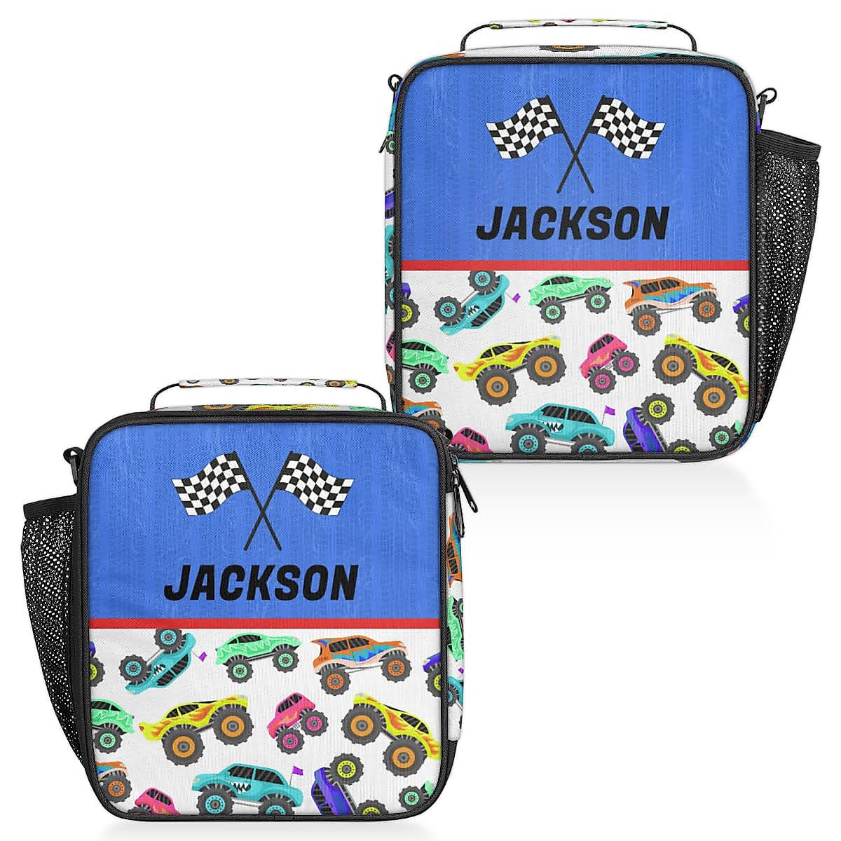 OMFUNS Racing Car Custom Name Reusable Lunch Bag for Kids Boys Teen, Colorful Truck Personalized Insulated Lunch Box Thermal Cooler Customized Lunch Tote Bag for School Picnic
