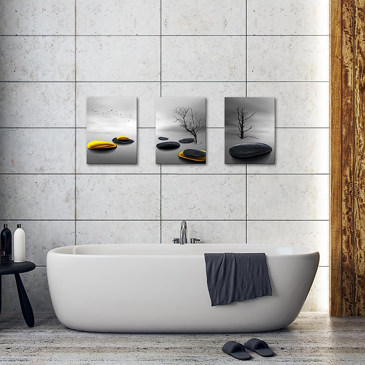 MLOML 3Pcs Modern Bathroom Yellow Gray Wall Art Picture Balance Stone Pebble Canvas Print Black and White Tree Zen Artwork Wall Decor for Office Bedroom 12x16 inchx3