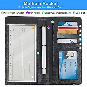 Checkbook Cover for Personal Checkbook, RFID Checkbook Register Cover with Pen Holder & Built-in Clear Plastic Divider for Duplicate Checks