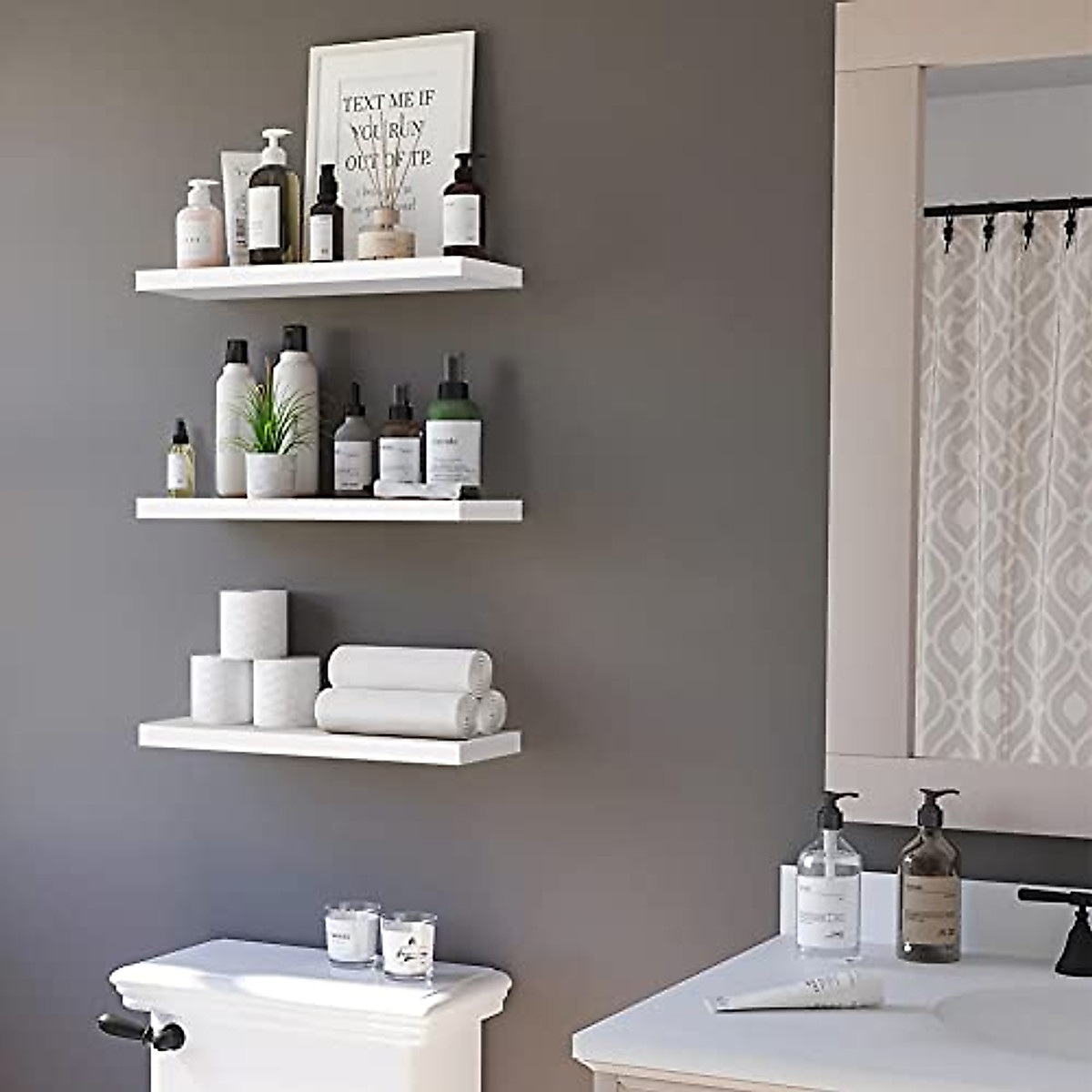 Tiasott Wall Mounted Floating Shelves Set of 3,White Wall Display Floating Shelf,Solid Wood Wall Shelves 3 Pack,Invisible Storage Shelf for Wall,Organize to Photos,Books,Showpiece,Trophy and More.