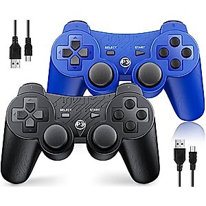 OKHAHA Controller for PS3 Controller Wireless for Sony Playstation 3 Controller, Double Shock 3, Rechargeable, Motion Sensor, Remote for PS3, 2 USB Charging Cords, 2 Pack, Stripes, Black + Blue