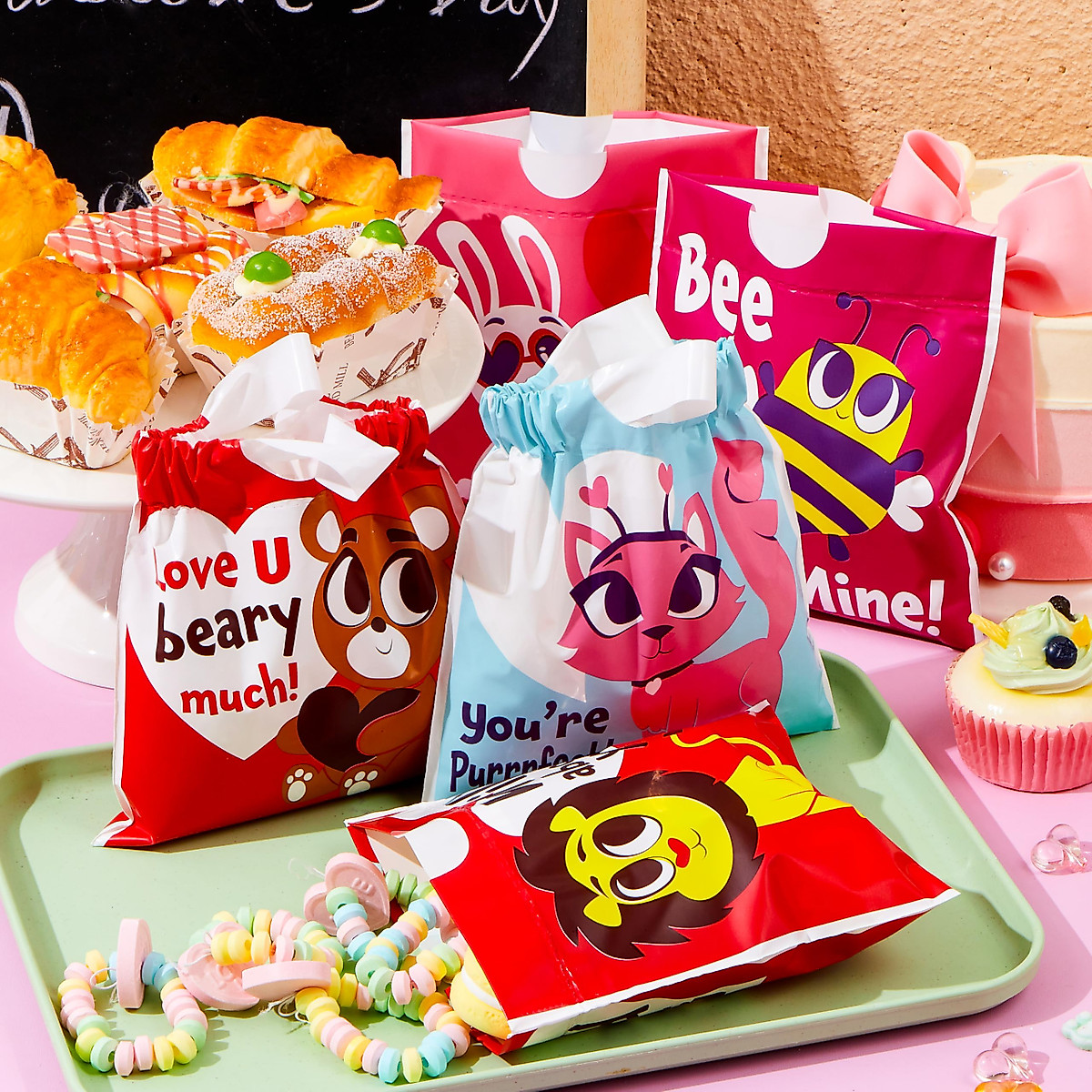 JOYIN 70 Pcs Valentine Gift Bags Drawstring Candy Bags Valentine Mini Plastic Goodie Bags for Kids Valentines Day Party Favor Supply
