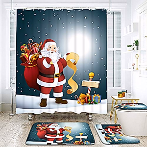 Uspring 4 Pcs Merry Christmas Shower Curtain Sets with Non-Slip Rug, Toilet Lid Cover and Bath Mat, Santa Moon Snow Shower Curtain with 12 Hooks for Christmas Decoration