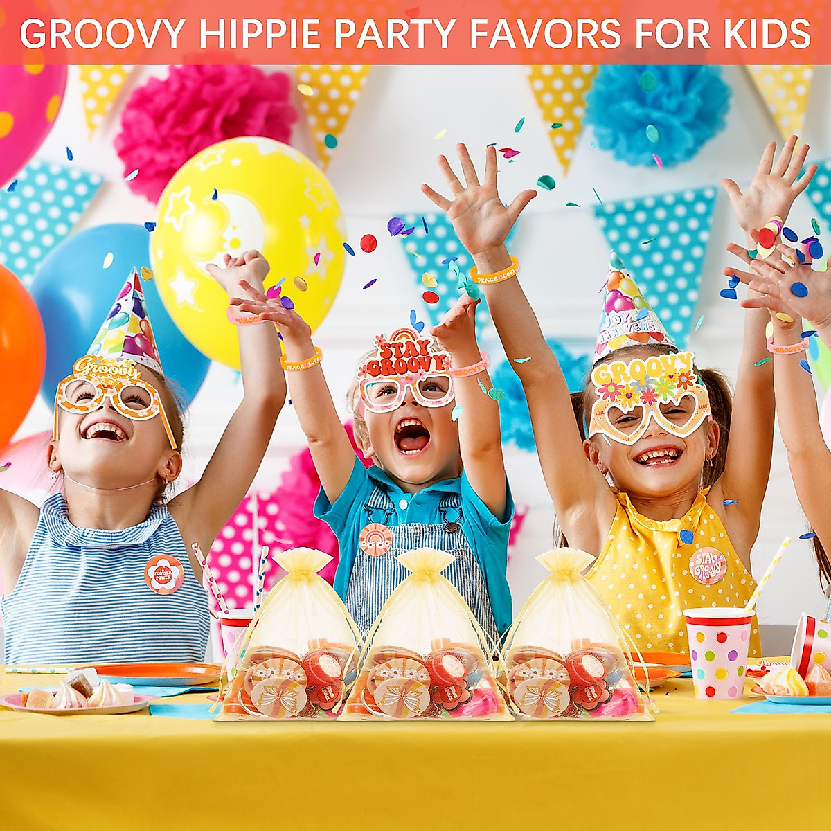 Sasylvia 122 Pcs Groovy Party Favors Retro Hippie Party Gifts Set Silicone Wristbands Keychains Badges Glasses Stickers Boho Stampers Gift Bags for Groovy Birthday Baby Shower Class Reward Supplies